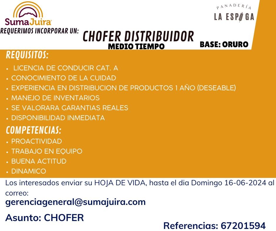 CHOFER DISTRIBUIDOR | Trabajando Bolivia